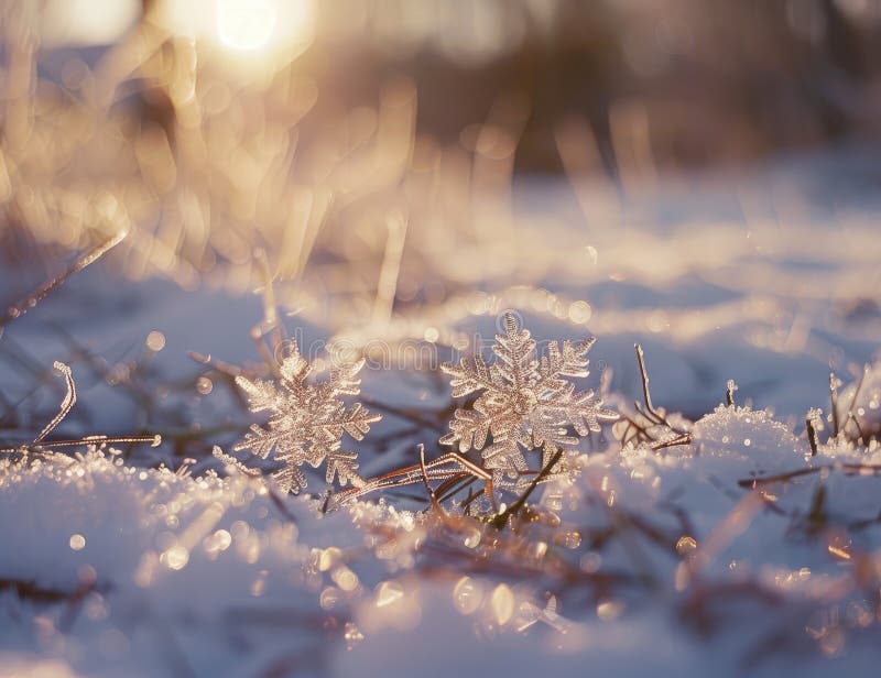 A Close Up of Two Snowflakes on the Ground during Winter Season Stock ...