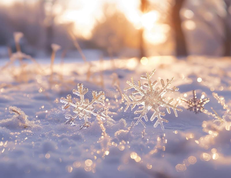 A Close Up of Two Snowflakes on the Ground during Winter Season Stock ...