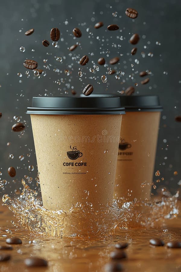 Close-up of Two Takeaway Coffee Cups with Floating Beans and Splash ...