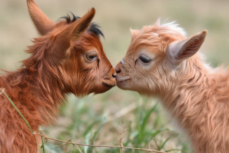 Close-up of Two Tiny Goats Head-butting and Playing in the Field Stock ...
