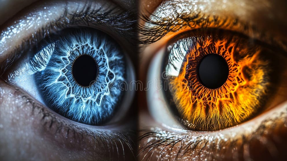 Close-up, Two-Toned Eye with Orange Fire and Blue Glacier Iris. Texture ...