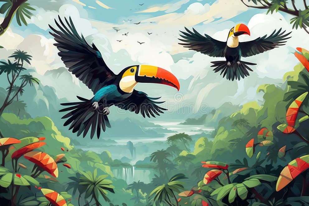 Close-up of Two Toucan Flying Outdoors Stock Illustration ...