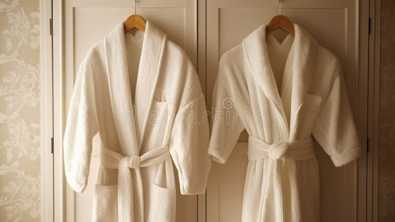 Close-Up of Two White Dressing Gowns Hanging. Generative AI Stock Photo ...