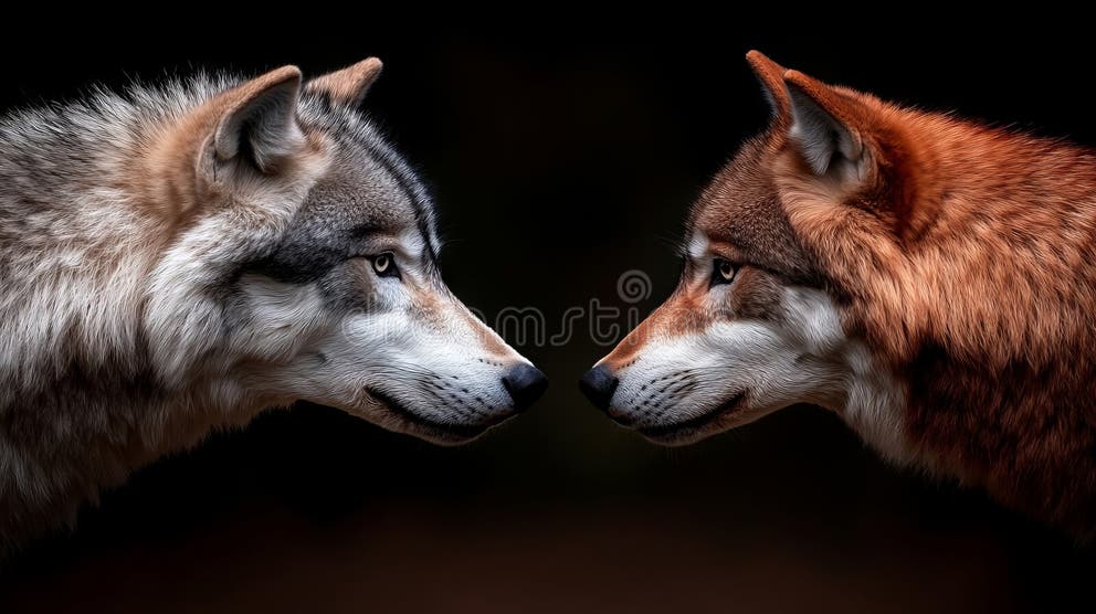 A Close Up of Two Wolves Facing Each Other in the Dark Stock Photo ...