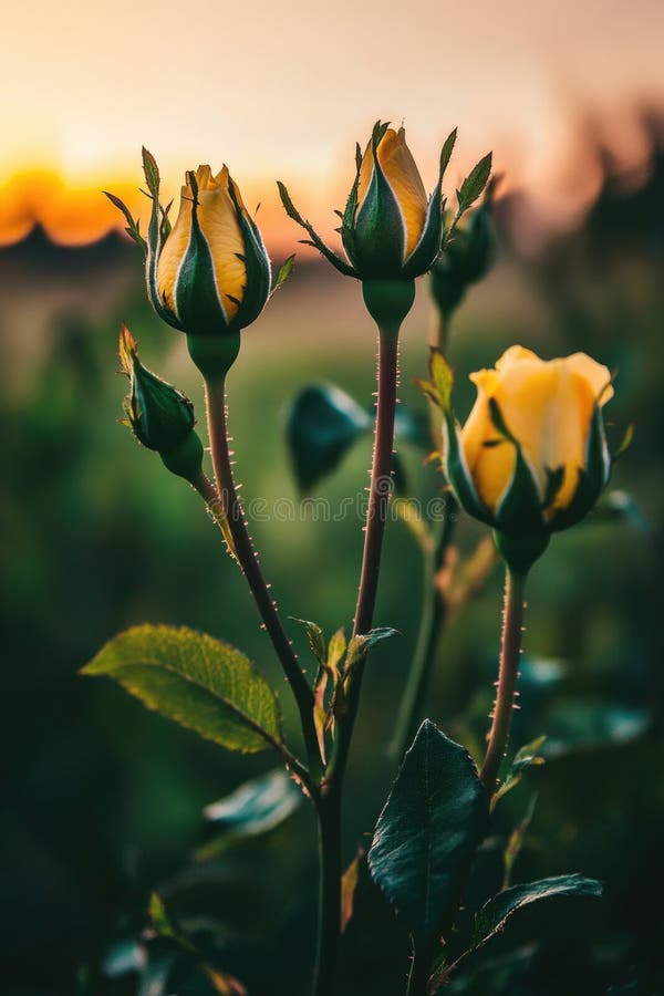 Close Up Two Yellow Roses Growing Green Field Stock Photos - Free ...
