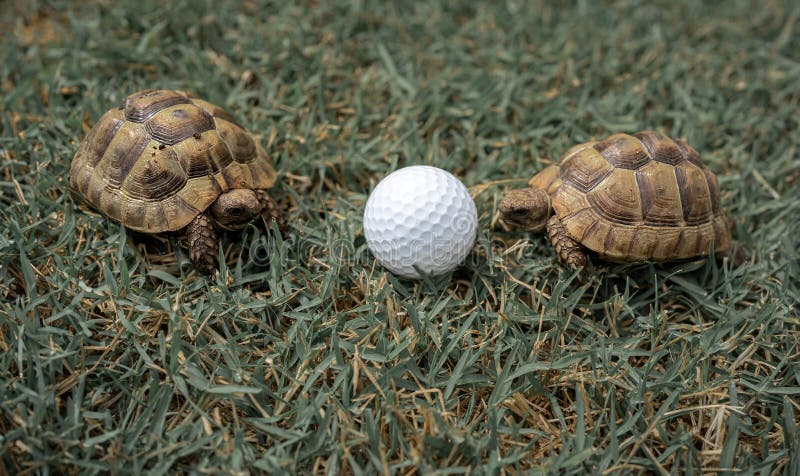 Close Up of Two Young Hermann Turtles on Grass with Golf Ball Stock ...