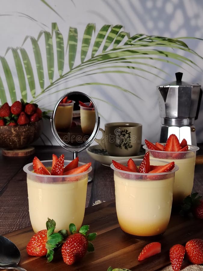 Close Up a Type of Dessert As Know Pudding Vanilla with Strawberry ... Close Up a Type of Dessert As Know Pudding Vanilla with Strawberry ...