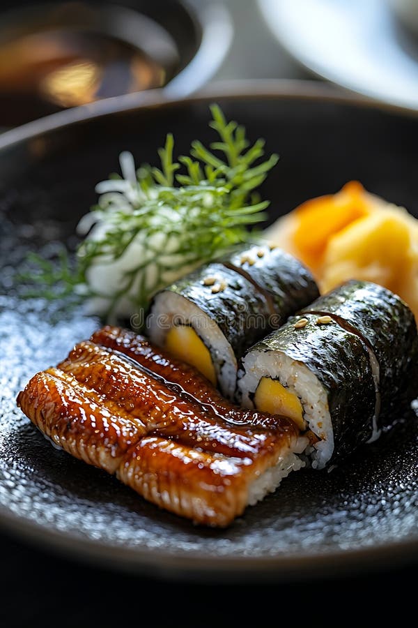 Closeup of Unagi and Mango Sushi Rolls on a Dark Plate Stock ...