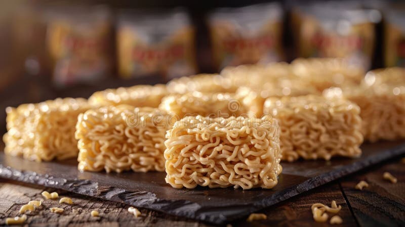 Golden Instant Noodles Blocks on Dark Slate Stock Illustration ...
