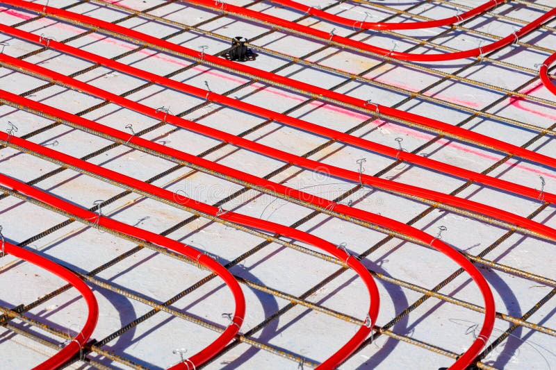 Underfloor Heating System with Red Pipes on Construction Site Stock ...