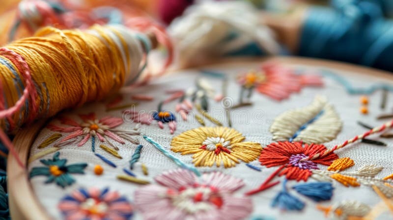 A Close-up of Unfinished Needlework in a Hoop, Threads and Stitches ...