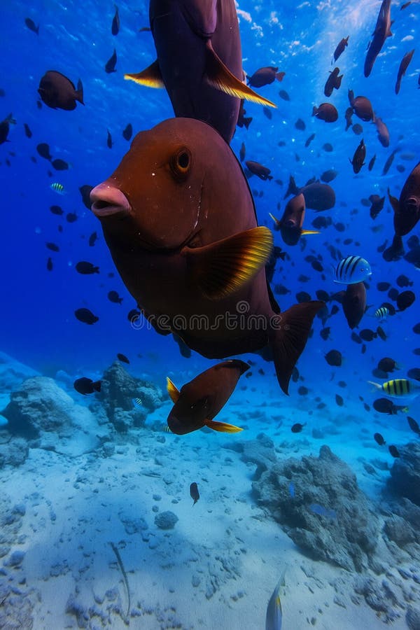 Close-Up of Unicornfish and Reef Fish in Clear Tropical Waters Stock ...