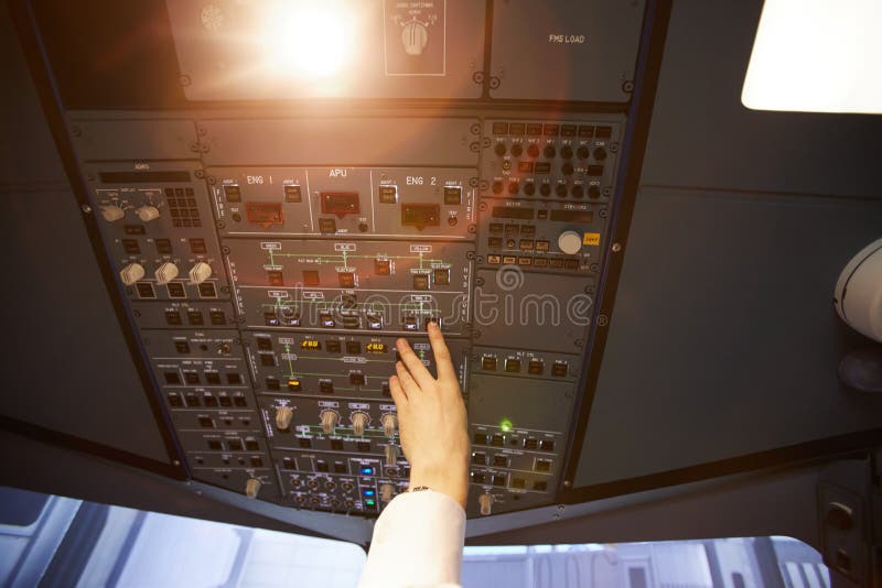Pilot Pushing Buttons in Aircraft Stock Image - Image of journey ...
