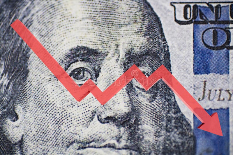 Close Up of US 100 Dollar Bill with Red Downward Arrow Stock Photo ...