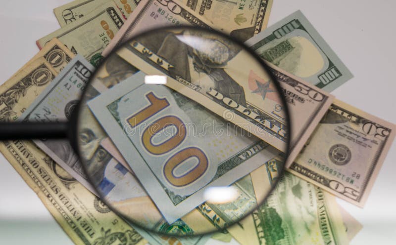 Close Up of USA Banknotes, 100 Us Dollar Note Inside Zoom of Magnifying ...