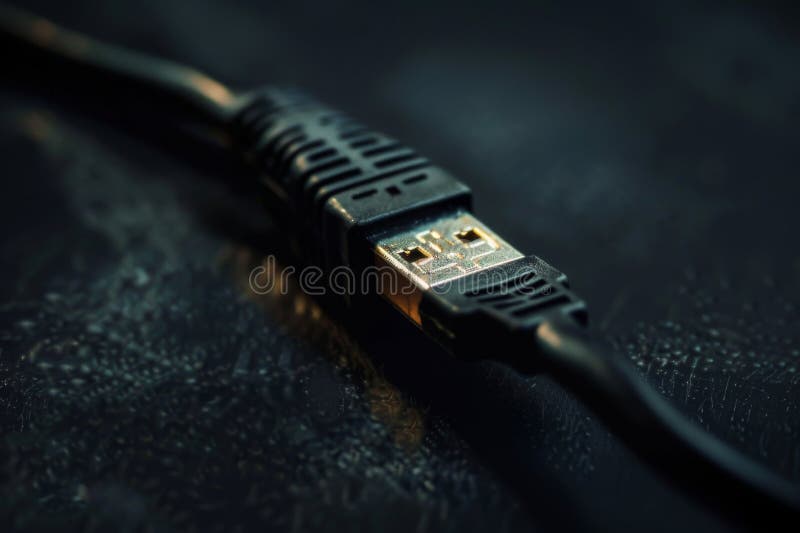 Close-up of a USB Cable Connector with Detailed Texture on a Reflective ...
