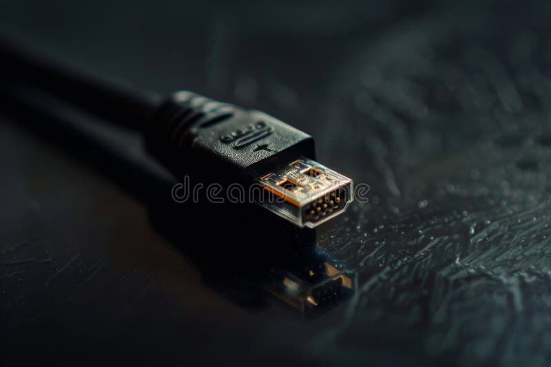 Close-up of a USB Cable Connector with Detailed Texture on a Reflective ...