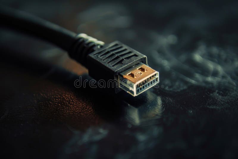 Close-up of a USB Cable Connector with Detailed Texture on a Reflective ...