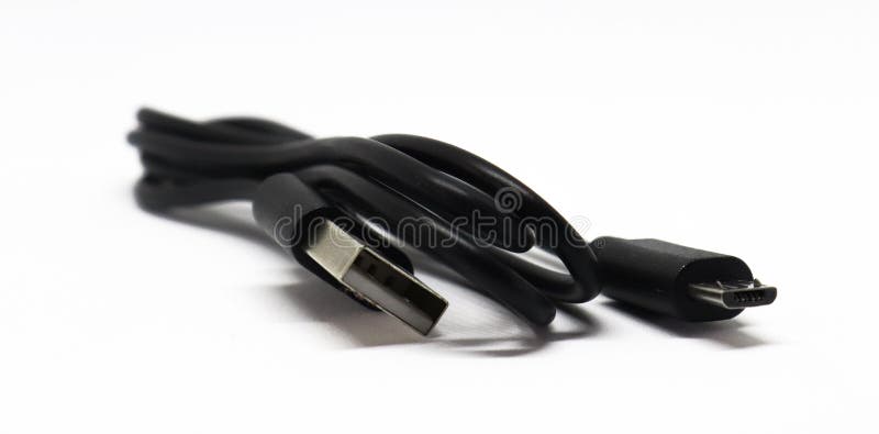 Close-up USB Cable Isolated on a White Background. Black Color Micro ...