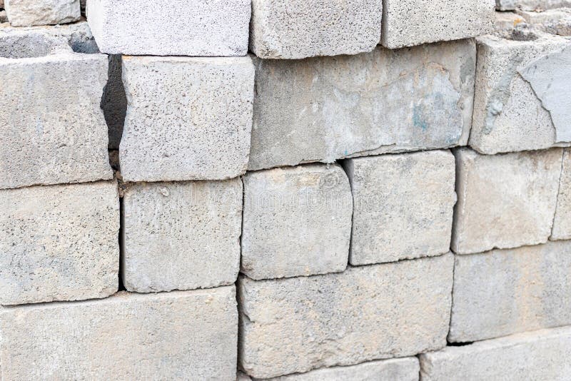 Close-up of Used and Damaged Grey Cinder Blocks Put in a Row ...