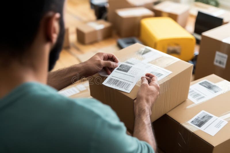 Close Up Using Stickers To Label Packages for Shipping Documents ...