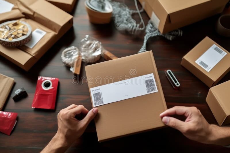 Close Up Using Stickers To Label Packages for Shipping Documents ...