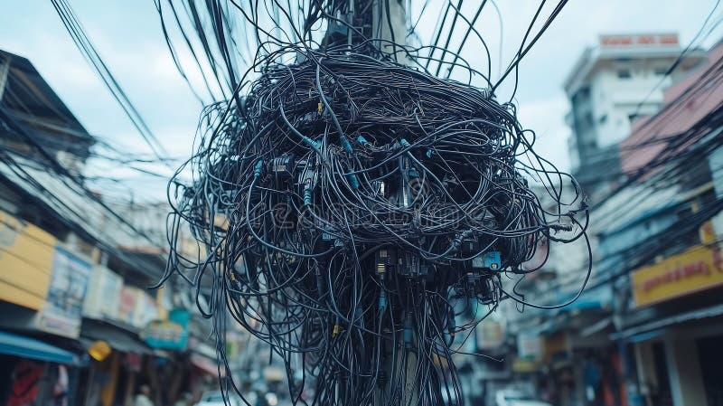 A Close-up of a Utility Pole Overloaded with a Dense Cluster of Tangled ...