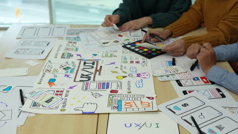 Close Up Ux Developer and Ui Designer Brainstorming Interface Wireframe ...