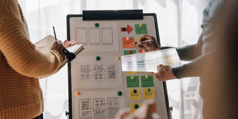 Close Up Ux Developer And Ui Designer Brainstorming About Mobile App 6545