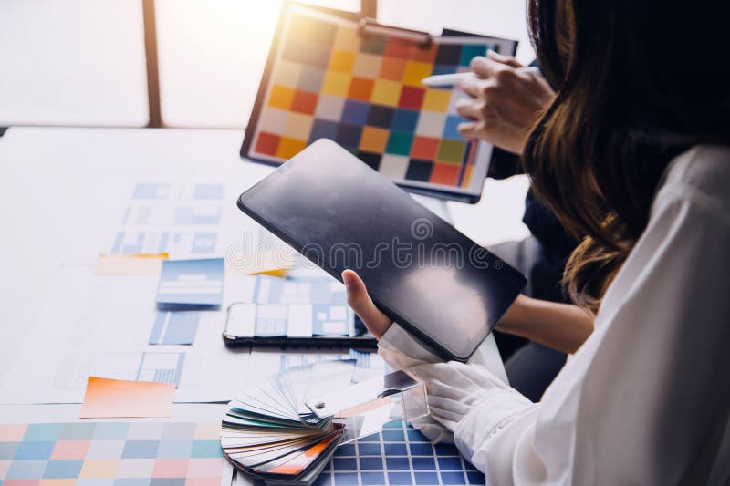 Close Up Ux Developer And Ui Designer Use Augmented Reality Brainstorming About Mobile App