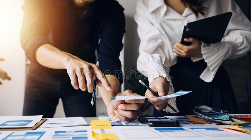 Close Up Ux Developer And Ui Designer Use Augmented Reality Brainstorming About Mobile App