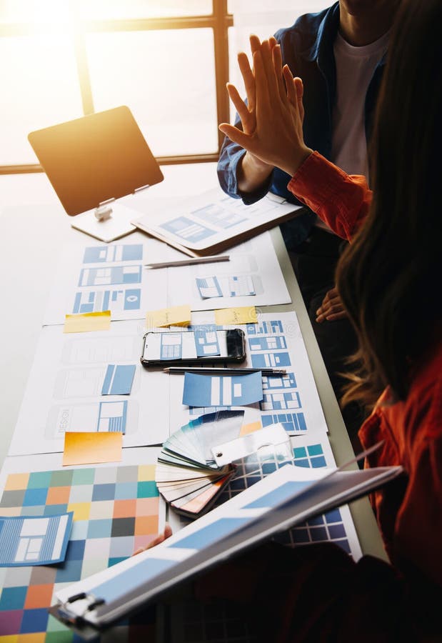 Close Up Ux Developer And Ui Designer Use Augmented Reality Brainstorming About Mobile App