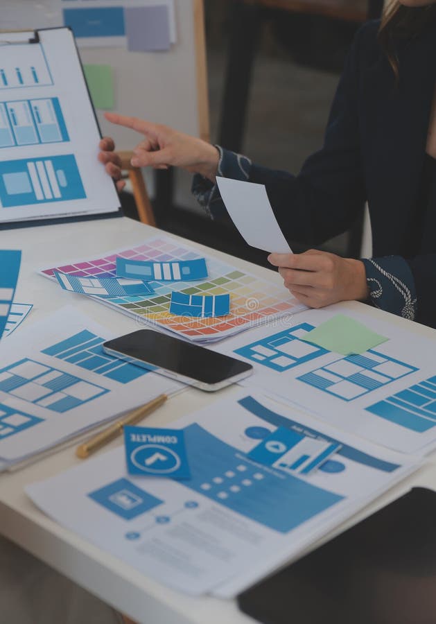 Close Up Ux Developer And Ui Designer Use Augmented Reality Brainstorming About Mobile App