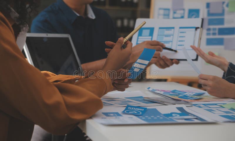 Close Up Ux Developer And Ui Designer Use Augmented Reality Brainstorming About Mobile App