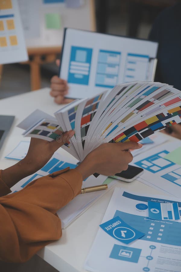 Close Up Ux Developer And Ui Designer Use Augmented Reality Brainstorming About Mobile App