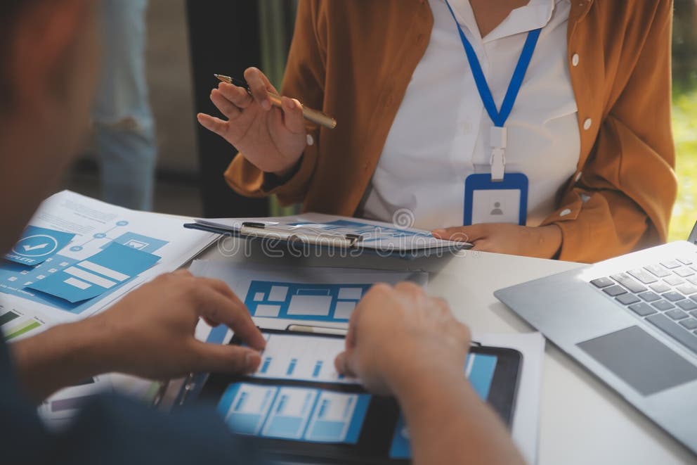 Close Up Ux Developer And Ui Designer Use Augmented Reality Brainstorming About Mobile App