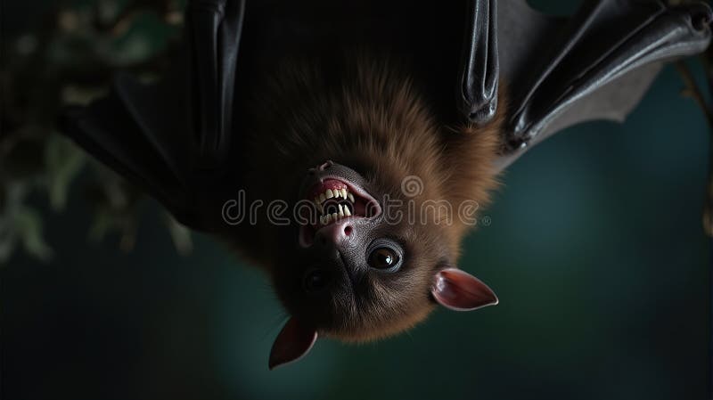 Scary Vampire Bat Hanging Upside Down with Menacing Expression Stock ...