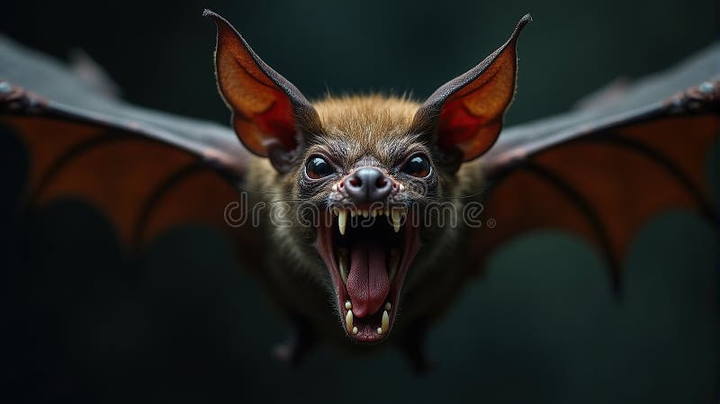 Close-up of a Vampire Bat with Sharp Fangs and Wings Spread Wide Stock ...