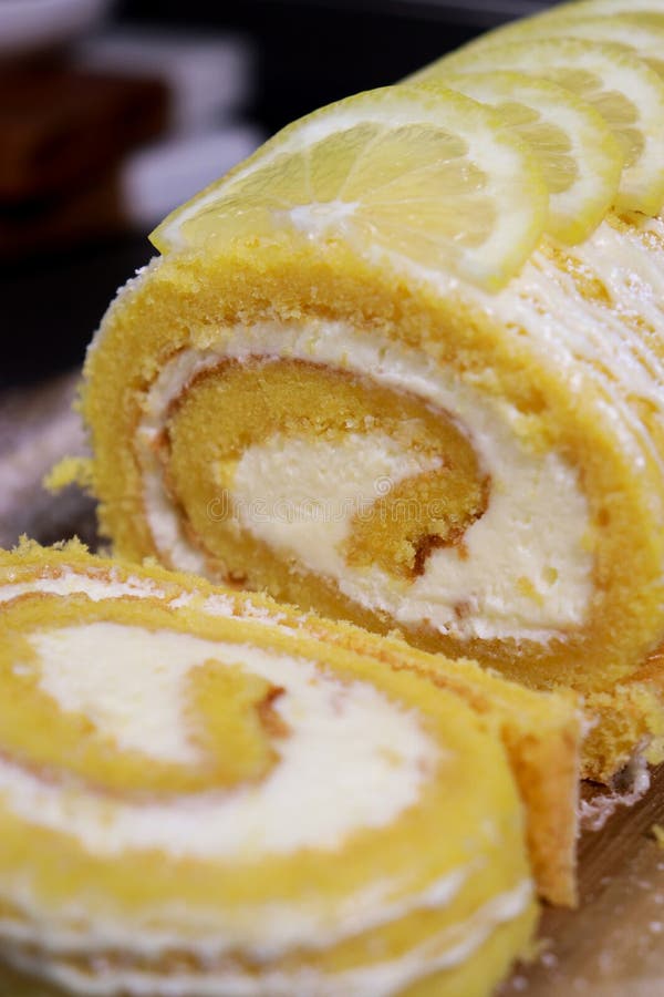 Close Up of Vanilla Cake Roll with Lemon Butter Cream Inside Stock ...