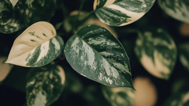 Close-up of Variegated Pothos Leaves with Green and Cream Patterns ...
