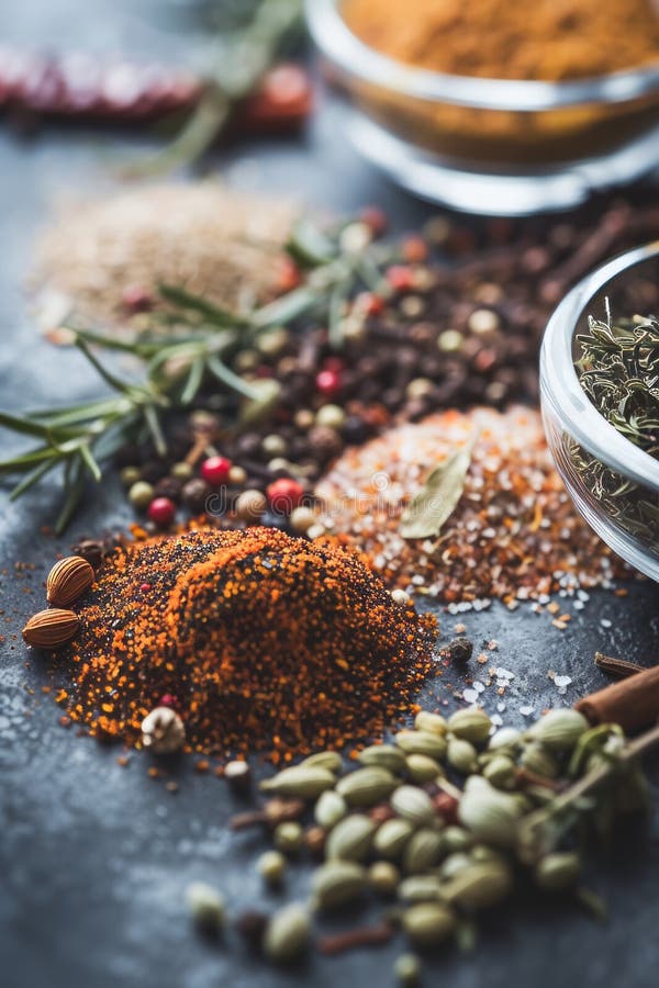 Close-up Variety of Spices and Herbs Spread Out on a Dark Surface. the ...