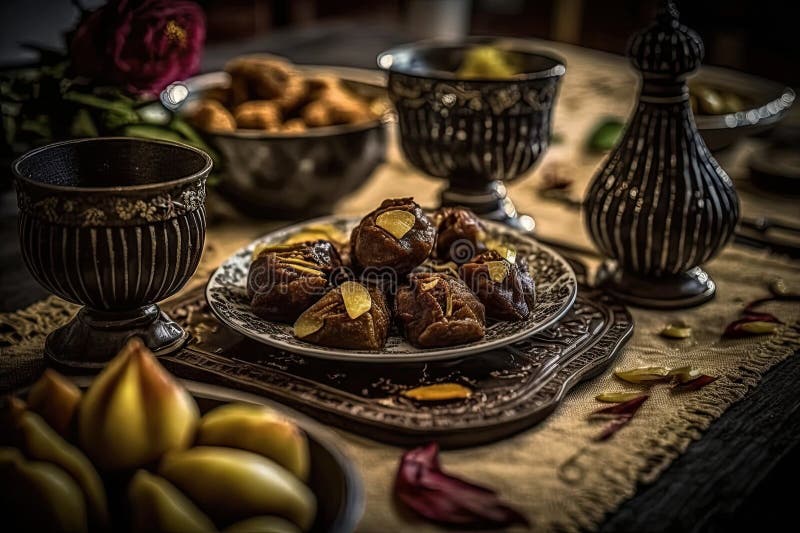 Close Up Variety of Table with Arabic Food during Iftar Meal on Ramadan ...