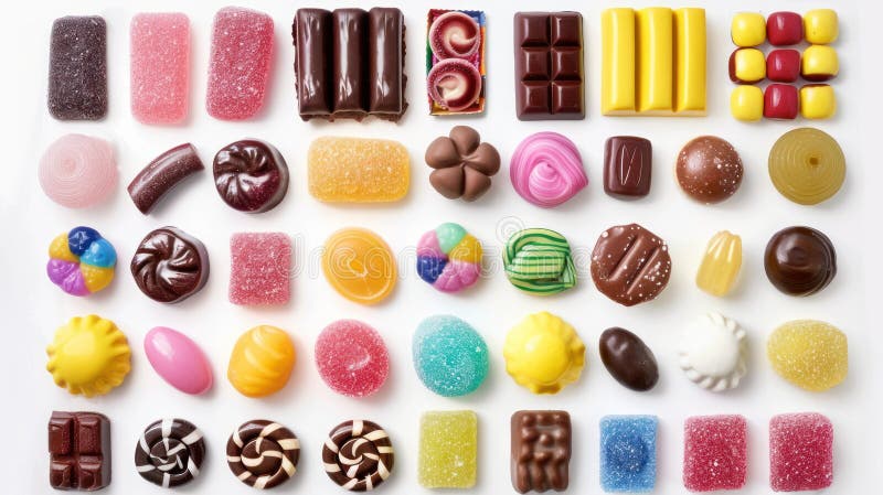A Close-up of Various Candy Types Arranged on a White Background Stock ...