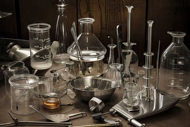 Close-up of Various Extraction and Processing Tools, Including Bottles ...
