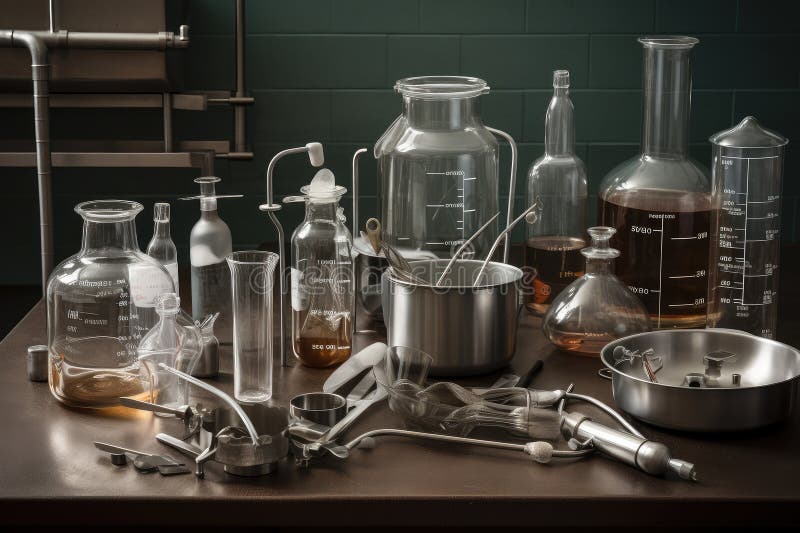 Close-up of Various Extraction and Processing Tools, Including Bottles ...