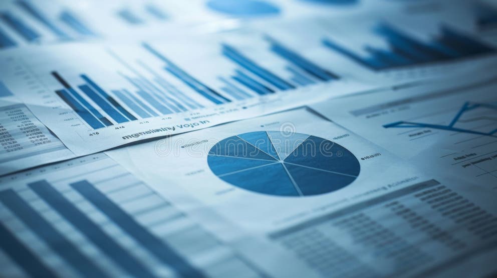 Close-up of Various Financial Charts and Graphs with a Blue Theme ...