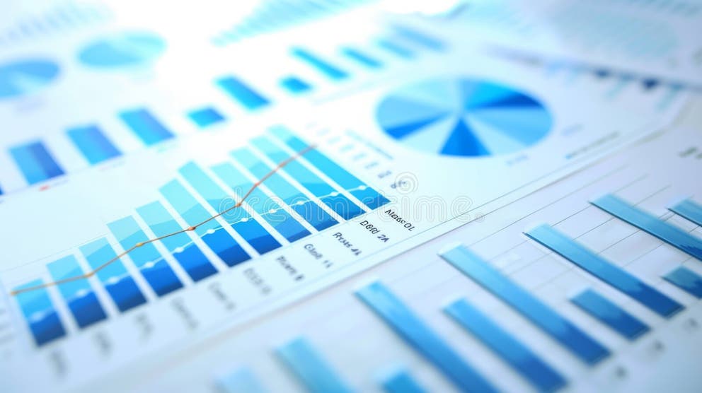 Close-up of Various Financial Charts and Graphs with a Blue Theme ...