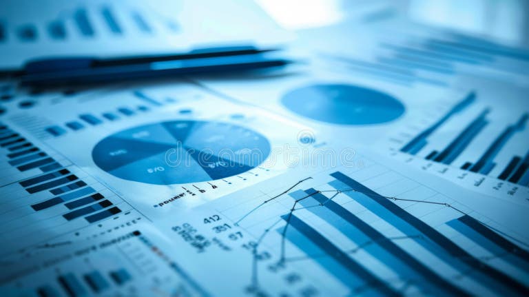 Close-up of Various Financial Charts and Graphs with a Blue Theme ...