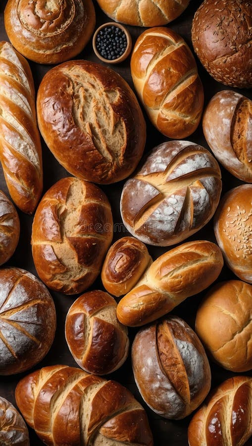 Close-up of Various Loaves of Bread with Detailed Crust and Toppings ...