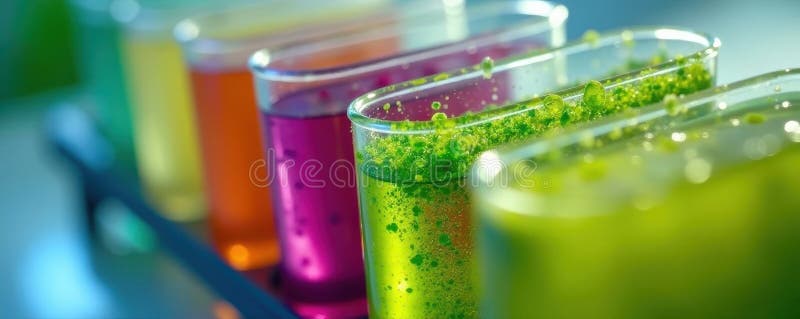 Close-up of Test Tube Rack, with Tubes Filled with Colorful Solutions ...